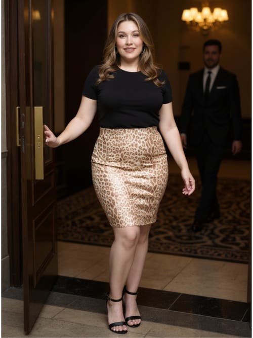 24SEVEN COMFORT APPAREL Cheetah Print Elastic Waist Knee Length Pencil Skirt